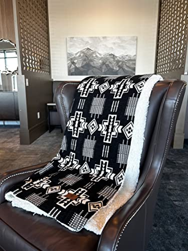 Inca Aztec Sherpa Weighted Warm Blanket | Southwest Indian Navajo Boho Style | Native Woven Western Cozy Bedding Cover | Plush Faux Alpaca | Luxurious Winter Blanket (Obsidian Black)