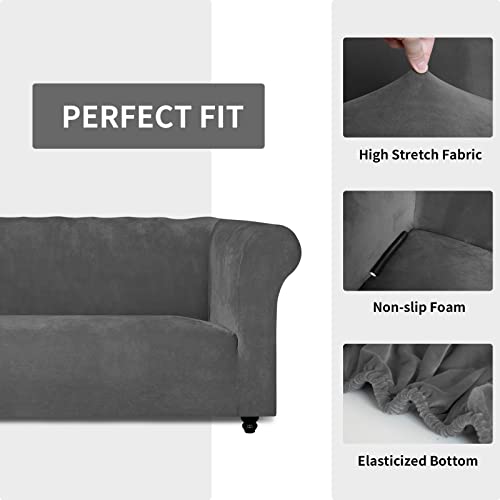 Easy-Going Stretch Velvet Chesterfield Style Couch Slipcover for Living Room, Soft Non-Slip Sofa Cover Furniture Protector for Dogs (Sofa, Gray)