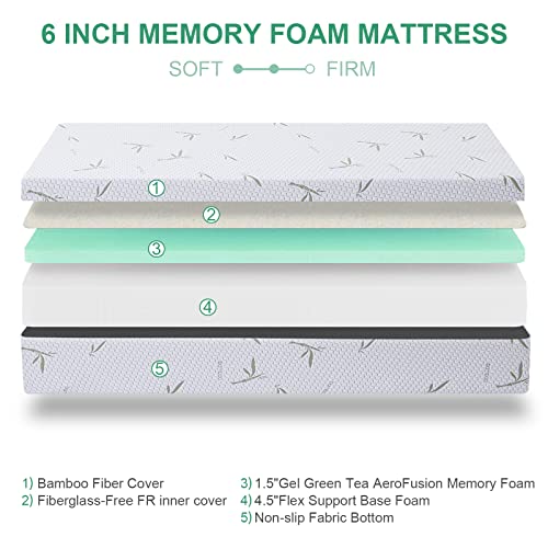 Maxspeed 6 Inch Green Tea Cooling Gel Memory Foam Mattress with Breathable Bamboo CoverĀ for Cool Sleep & Pressure Relief/Medium Firm Mattress/Bed-in-a-Box/CertiPUR-US Certified/Made in USA/Twin