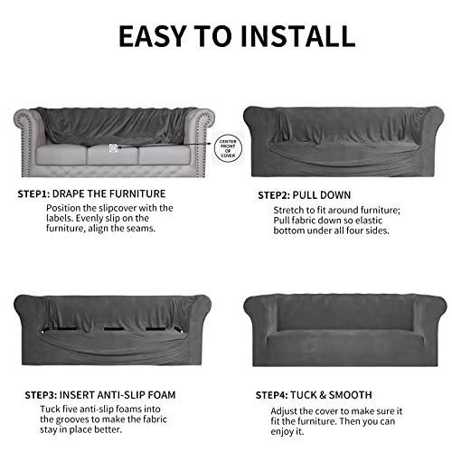 Easy-Going Stretch Velvet Chesterfield Style Couch Slipcover for Living Room, Soft Non-Slip Sofa Cover Furniture Protector for Dogs (Sofa, Gray)