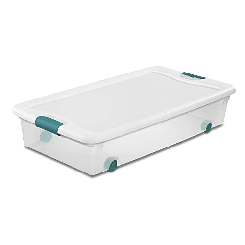 Sterilite 56 Quart Latching Stackable Under Bed or Closet Storage Box Container Bins with Secure Lid and Wheels, Clear (12 Pack)