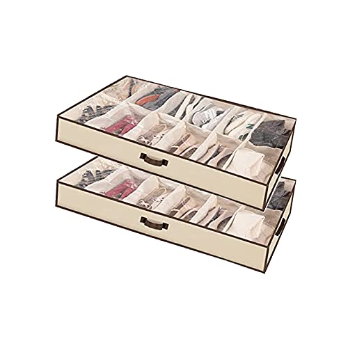Shonpy 2PCS Men/Woman 12 Cells See Through Underbed shoes and boots Storage Bag Organizer with PVC window (beige)