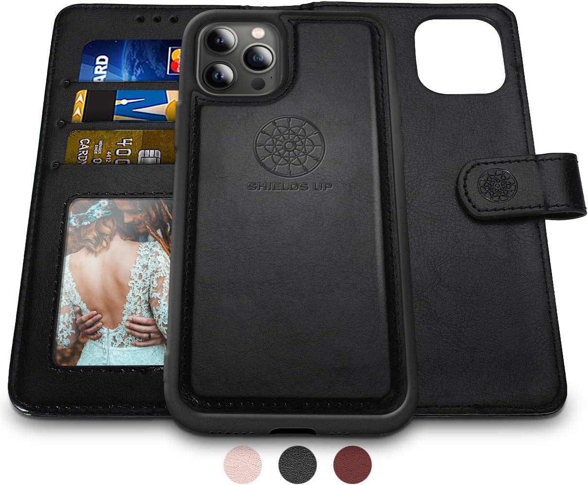 Shields Up Designed for iPhone 13 Pro Max Case Wallet, Detachable Magnetic Wallet Case with Card Holder & Wrist Strap, [Vegan Leather] Protective Folio Cover for iPhone 13 Pro Max 6.7 inch -Black