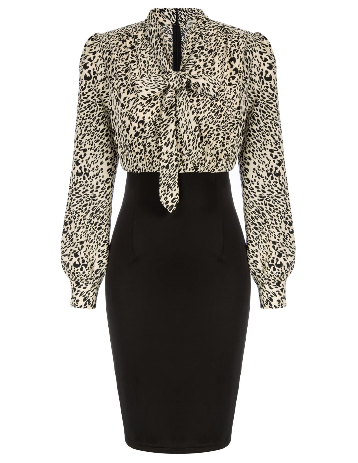 GRACE KARIN Women Business Colorblock Bodycon Sheath Dress Long Sleeve Tie Neck Office Leopard Pencil Dress Wear to Work Leopard M