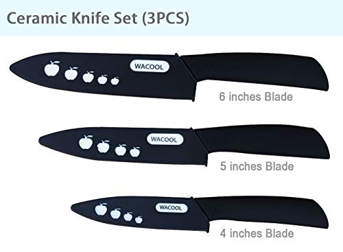 WACOOL Ceramic Knife Set 3-Piece (Includes 6-inch Chef's Knife, 5-inch Utility Knife and 4-inch Fruit Paring Knife), with 3 Knife Sheaths for Each Blade (Black Hand 2022)