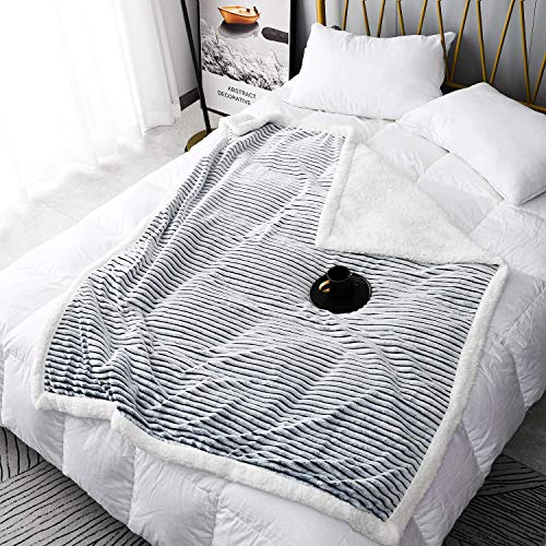 I' HERMU Sherpa Fleece Throw Blanket for Couch (Large 51‘’x 63‘’, Blue and White Strip) Soft Plush Blankets Fluffy Fuzzy Warm Cozy Throws for Sofa Bed