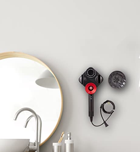Wall Mount Holder for Dyson Hair Dryer,Magnetic Wall Bracket Frame for Dyson Supersonic Hair Blow Dryer,Accessories Organizer Storage Bracket Rack Fits Curler Diffuser,Nozzles and Power Cable(Black)