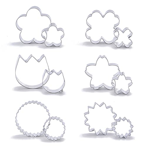 Flowers Cookie Cutter Set -12 Pieces - Plum Blossoms, Clover, Tulip, Cherry Blossoms, Sawtooth Circle, Sunflower Biscuit Fondant Cutters Stainless Steel