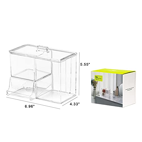 Cotton Swab Holder Makeup Organizer Clear Acrylic Cotton Ball / Sponge /Q-tip Holder and Cotton Pad Holder with Lids for Bathroom Containers Dispenser Holder, 3 Divided Sections
