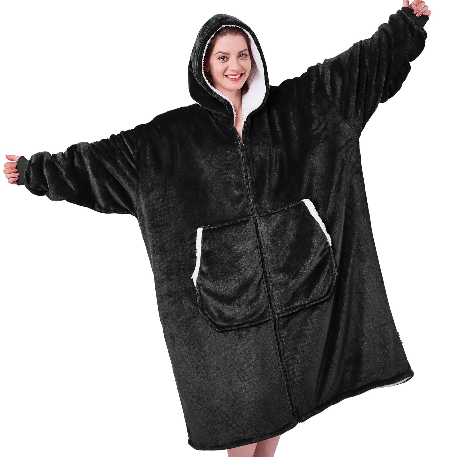 JOYWOO Oversized Wearable Blanket Hoodie, Long Hooded Blanket for Adult, Birthday Christmas Gifts for Women Men, Cozy Sherpa Sweatshirt Blanket with Giant Pocket and Zipper, Black