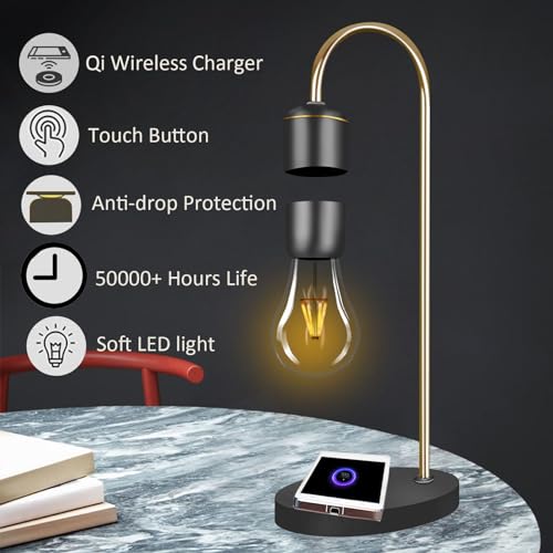 FloatGo Levitating Bulb Lamp with Wireless Charger for Smart Phones Apple Android Magnetic Levitation LED Night Light Gold Floating Desk Toys Love Family Office Gift Home Decor