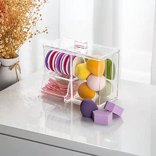 Cotton Swab Holder Makeup Organizer Clear Acrylic Cotton Ball / Sponge /Q-tip Holder and Cotton Pad Holder with Lids for Bathroom Containers Dispenser Holder, 3 Divided Sections