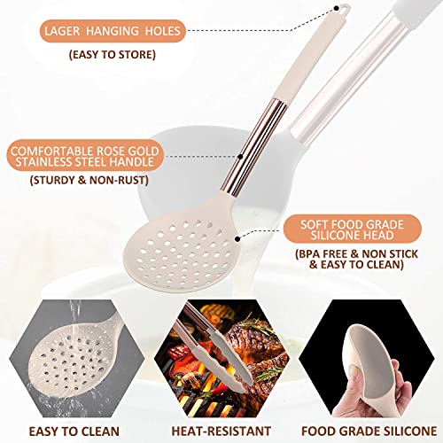 Silicone Cooking Utensil Set, Fungun Kitchen Utensils Set with Copper Handle 24 Pcs Kitchen Gadgets Tools Set, Non-stick Heat Resistant Kitchen Spatulas Set - Khaki…