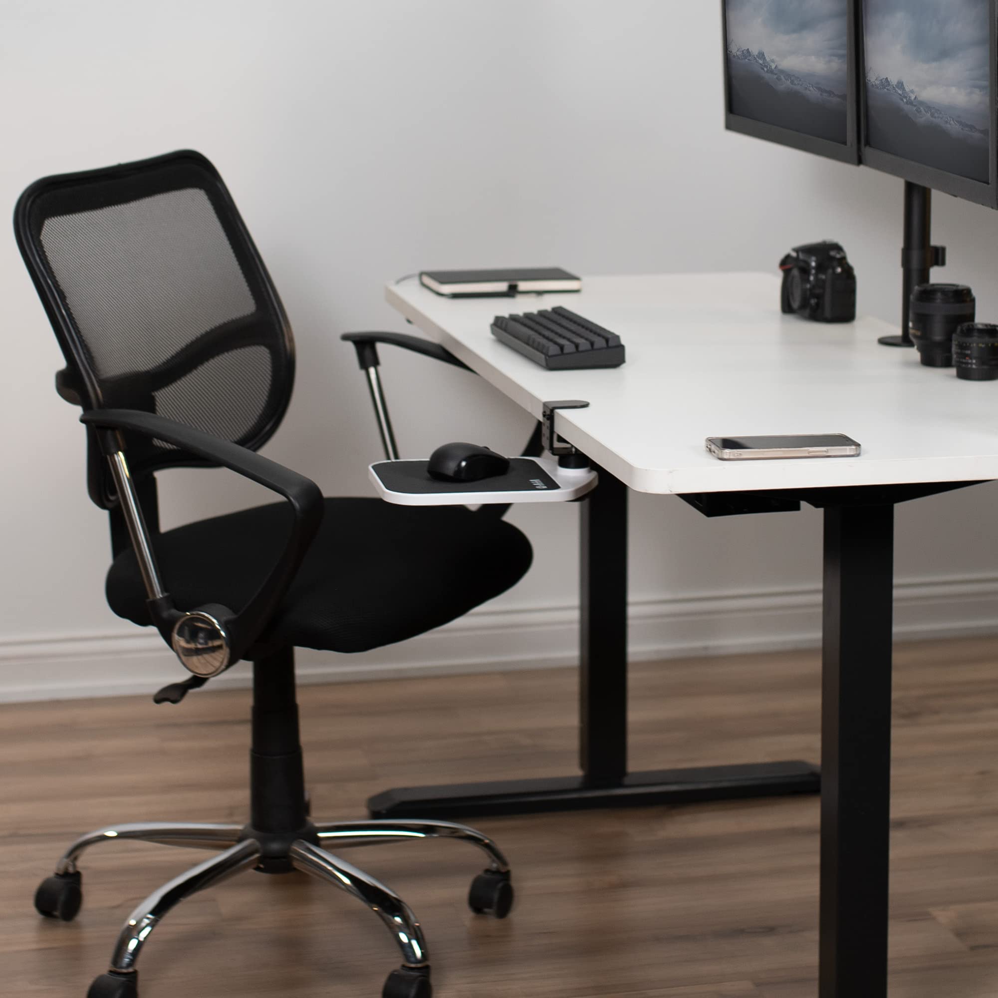 VIVO Clamp-on Mouse Pad Holder Platform, Adjustable Under Desk 360° Rotating Tray Rest Extension Attachment, up to 2 inch Desktops, White, MOUNT-MS01AW