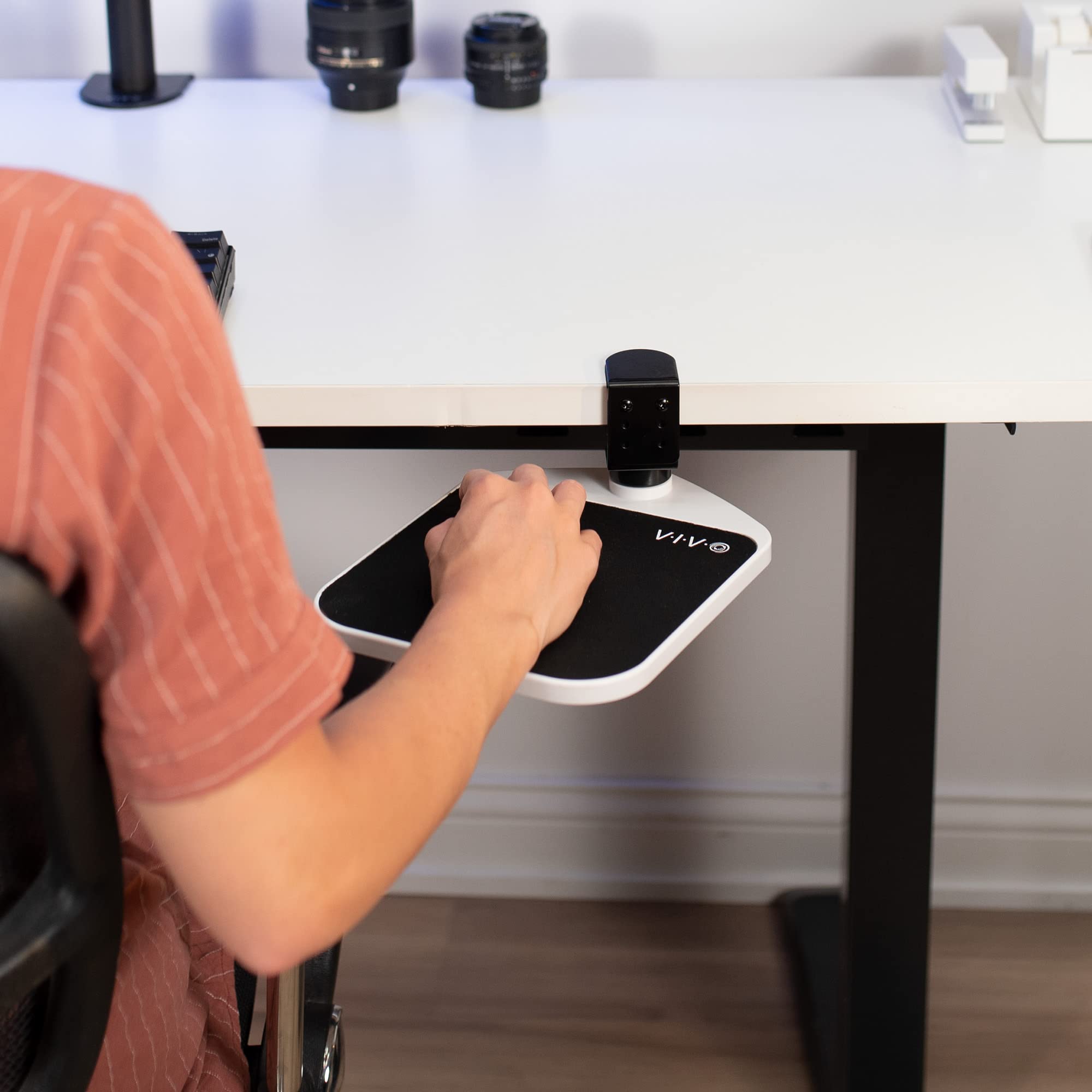 VIVO Clamp-on Mouse Pad Holder Platform, Adjustable Under Desk 360° Rotating Tray Rest Extension Attachment, up to 2 inch Desktops, White, MOUNT-MS01AW