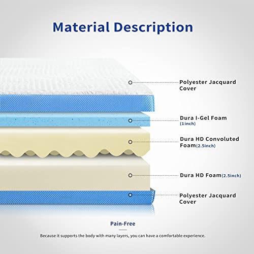 Oleesleep 6 Inch Ventilated Gel Infused Memory Foam Mattress, CertiPUR-US Certified, Blue, Queen