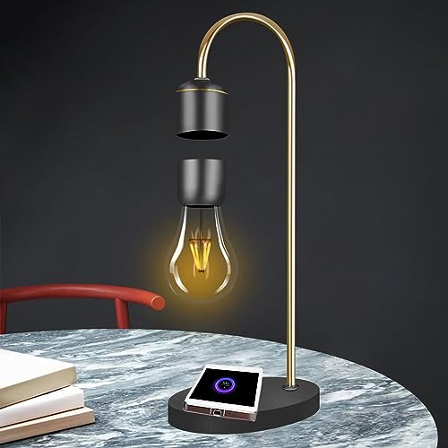 FloatGo Levitating Bulb Lamp with Wireless Charger for Smart Phones Apple Android Magnetic Levitation LED Night Light Gold Floating Desk Toys Love Family Office Gift Home Decor