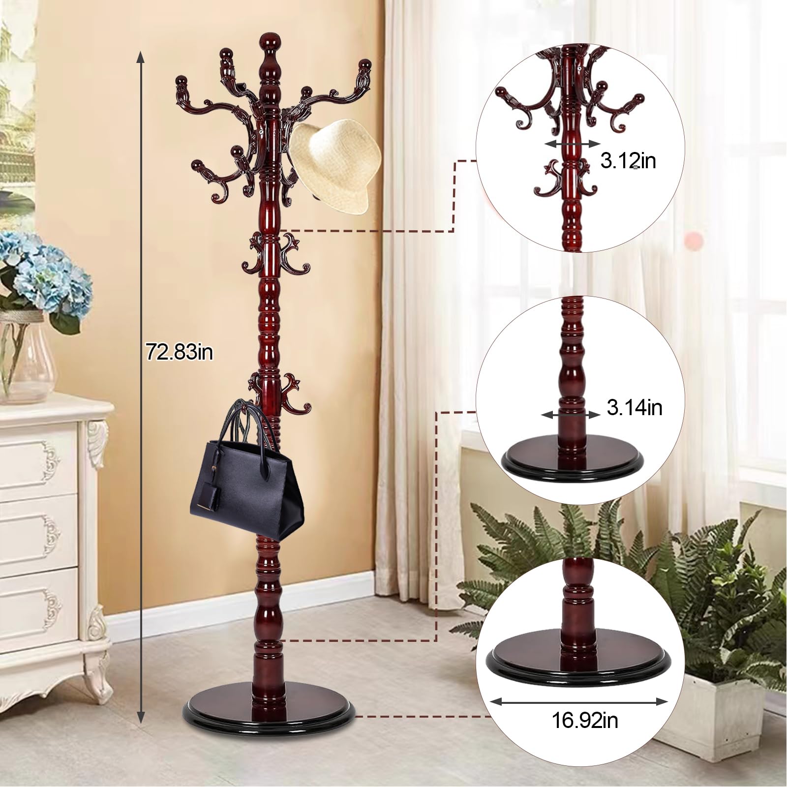 Coat Rack Freestanding, Wooden Coat Rack 14 Hooks, Pure Natural Solid Tree Coat Hanger Stable Disc Base, Adjustable Floor Hanger,for Bedroom Office Hallway Entryway(Mahogany)