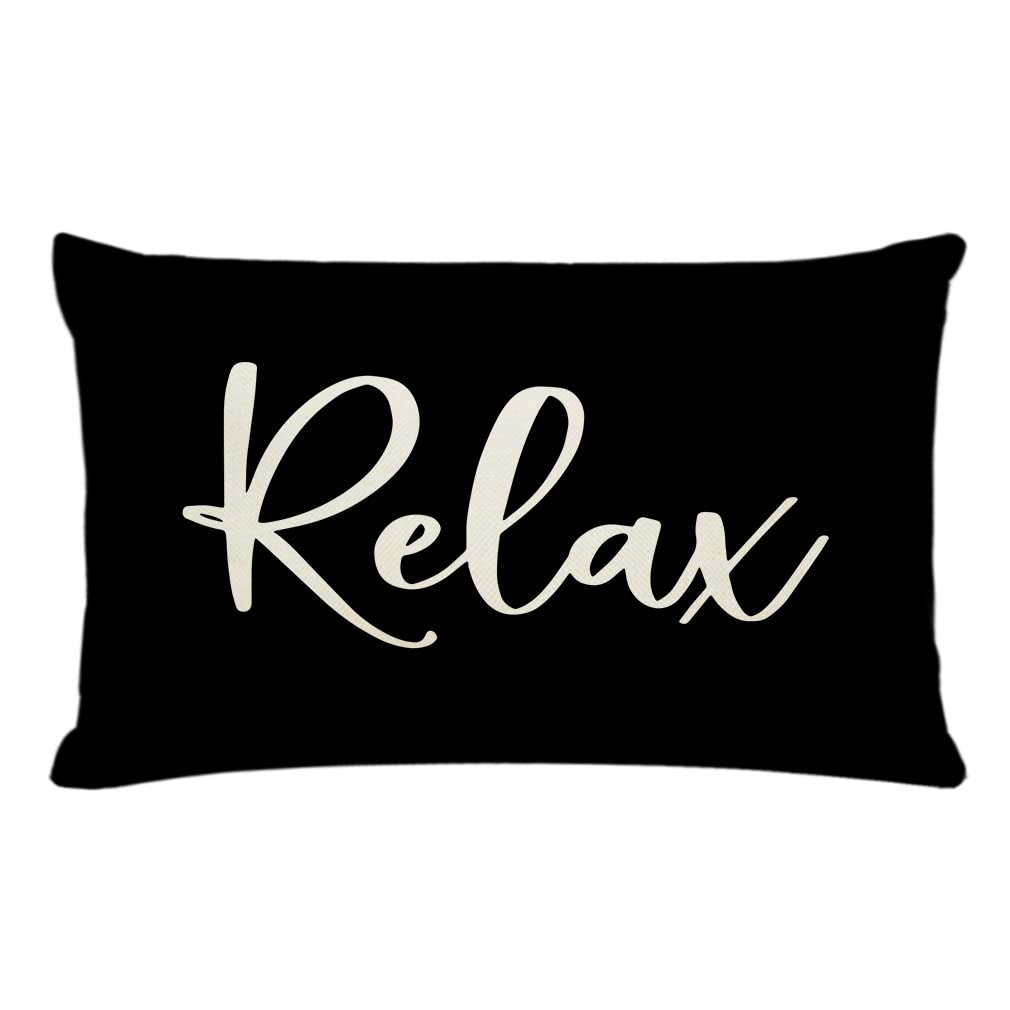 DCLINA Relax Lumbar Throw Pillow Case,12×20 Inch Housewarming Gifts Black Decorative Rectangular Waist Cushion for Sofa Beach Porch Bench Home Decor Pillow Case (Relax, Black)… (FS065)