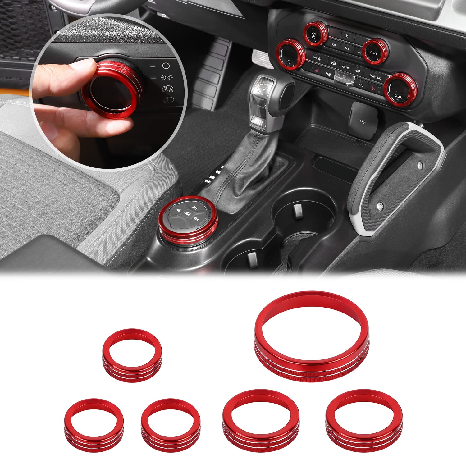 JWWY Air Conditioner Headlight Switch Knob 4WD Wheel Drive Trailer Gear Switch Knob Cover for 2021-2024+ Ford Bronco Accessories Aluminum Alloy 6PCS Red(Don't fit Bronco Sport)