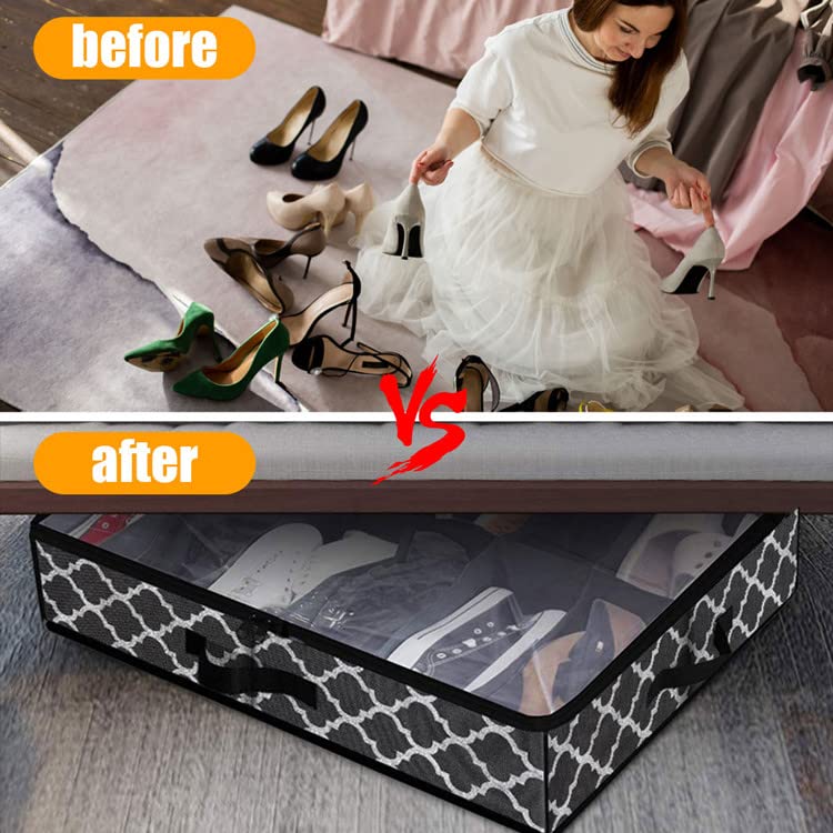 Under Bed Shoe Storage Organizer Fits Large Capacity Shoes Jumbo Slots Underbed Shoe Rack Bin Container Clear Window Lid ,Men Sneakers,Women High Heels,Short Boots Set of 2 Fits 20 Pairs (Black )