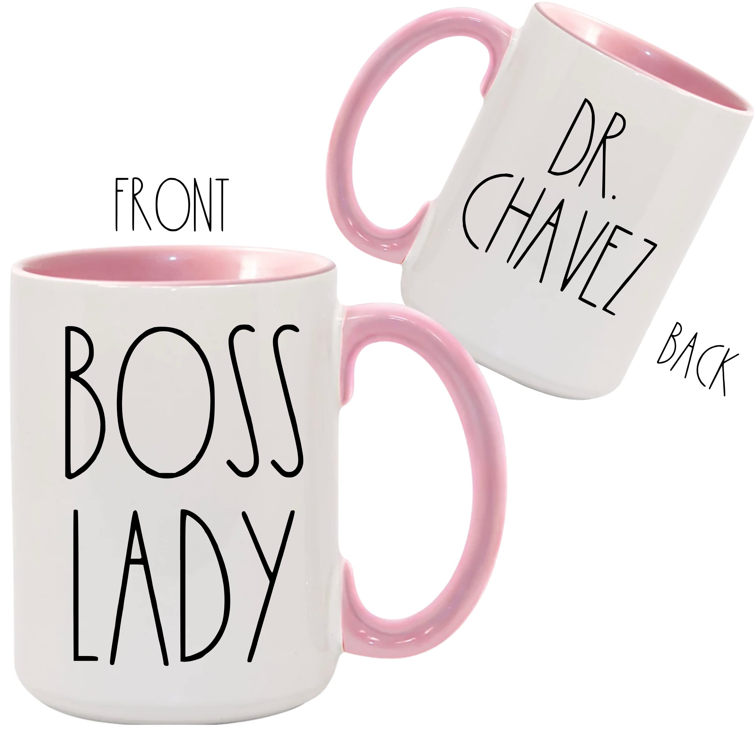 BOSS LADY Farmhouse skinny style inspired Font PINK! 15oz Ceramic Mug | Your Custom Text on the back side!
