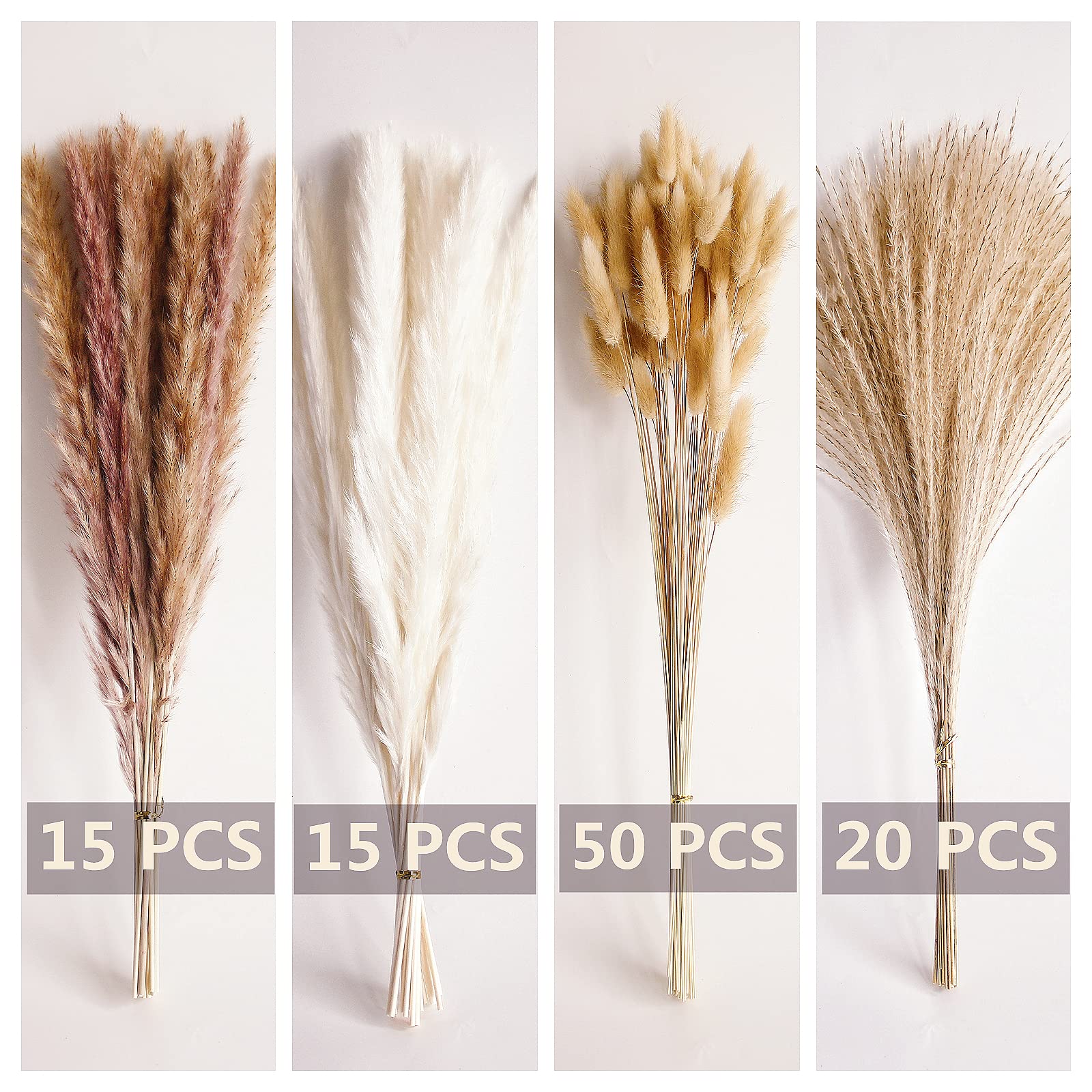 100 PCS Small Boho Pampas Grass, 17" Naturally Dried Pompas, Pampas Grass Decor for Wedding , Boho Party Decorations, Table Decor（Brown and White）