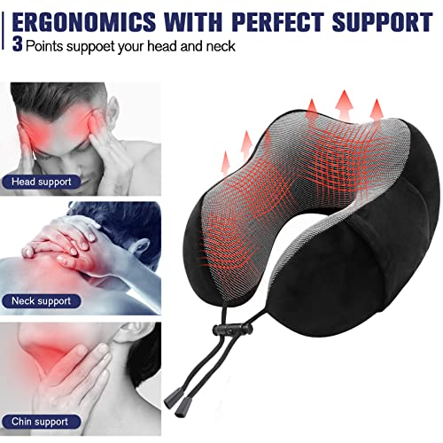 Leaflai Travel Pillow 100% Memory Foam Pillow, Neck Pillow for Airplane, Neck & Head Support Pillow for Airplane/Car/Office/Home, Travel Pillows Kit with Storage Bag, Sleep Mask and Earplugs