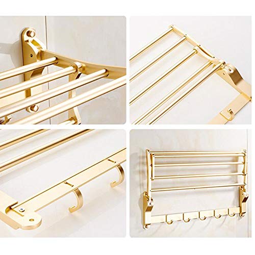 Muti-Function Bathroom Shelf, Space Aluminum Shower Towel Holder, Wall Mounted Double Layer Shelves, Foldable Antirust Towel Rack for Bathroom Hotel 4-Bar 4 Hooks (Color : Gold)