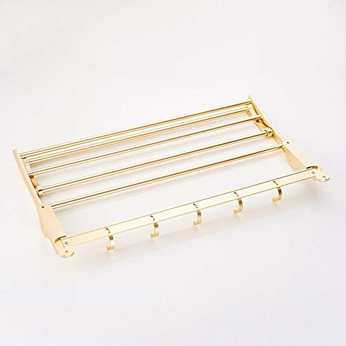 Muti-Function Bathroom Shelf, Space Aluminum Shower Towel Holder, Wall Mounted Double Layer Shelves, Foldable Antirust Towel Rack for Bathroom Hotel 4-Bar 4 Hooks (Color : Gold)