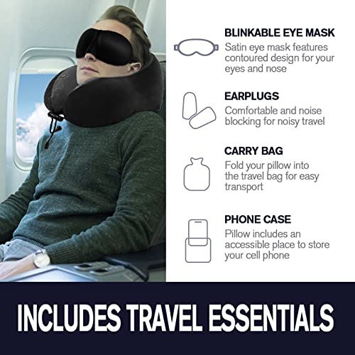 Leaflai Travel Pillow 100% Memory Foam Pillow, Neck Pillow for Airplane, Neck & Head Support Pillow for Airplane/Car/Office/Home, Travel Pillows Kit with Storage Bag, Sleep Mask and Earplugs