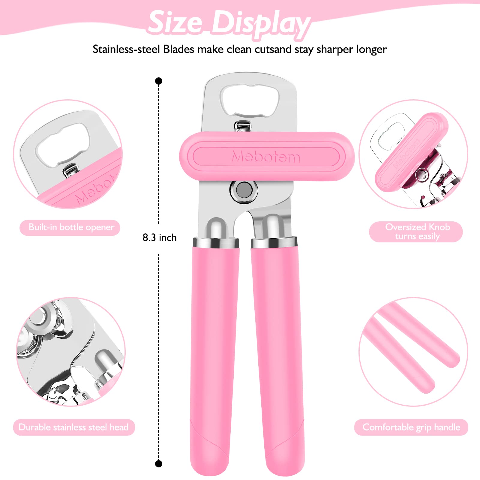 Mebotem 10 Colors Can Opener Manual Handheld Heavy Duty Hand Can Opener Smooth Edge Stainless Steel Can Openers Top Lid Kitchen Gadgets, Best Large Rated Easy Turn Knob, with Bottle Opener, Pink