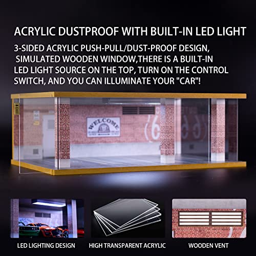 Sikivot 1/24 Scale Car Display Case,Car Model Toy with Parking Lot Scene, Die-cast Car Garage Display Case,2 Parking Space Acrylic Toy Garage with LED Light