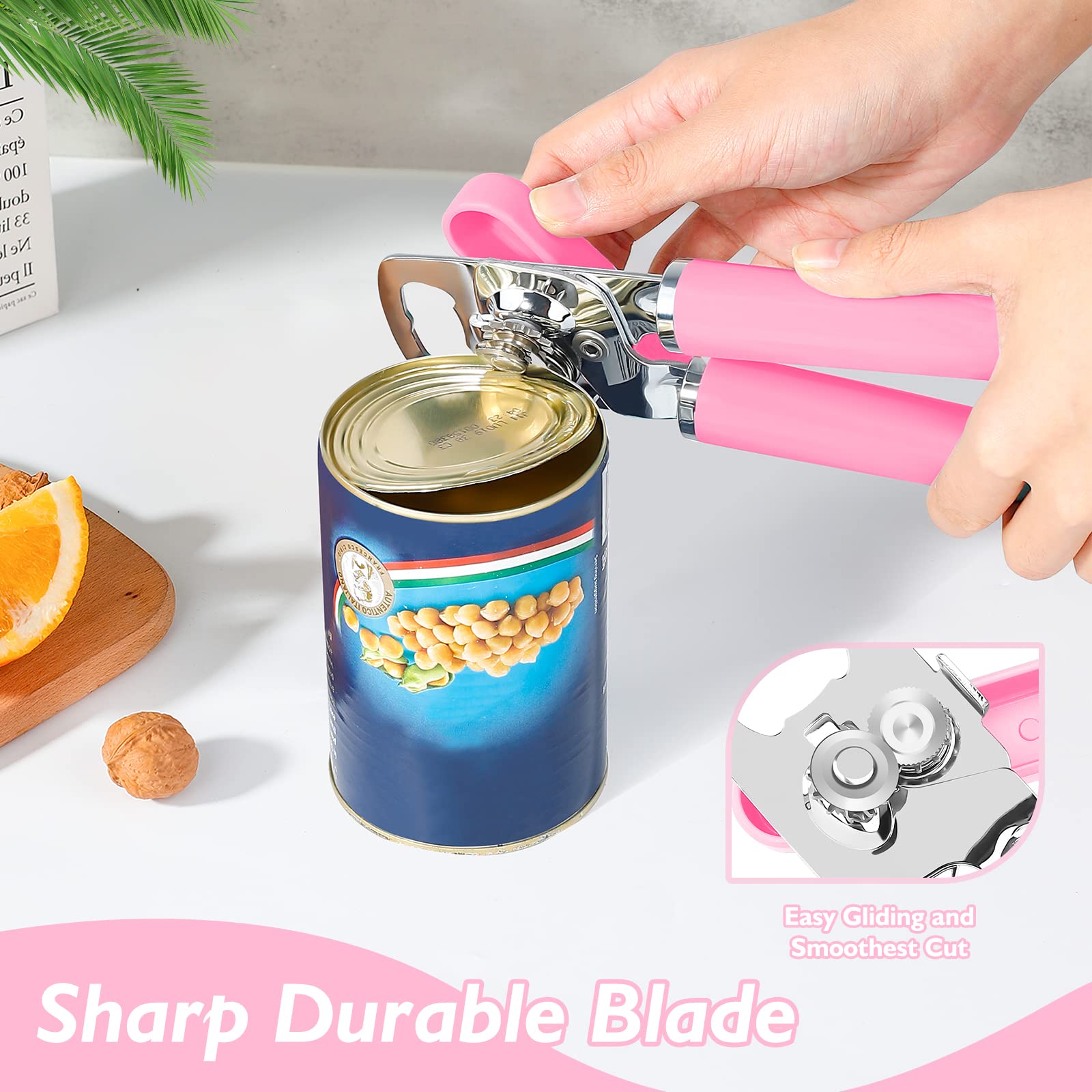 Mebotem 10 Colors Can Opener Manual Handheld Heavy Duty Hand Can Opener Smooth Edge Stainless Steel Can Openers Top Lid Kitchen Gadgets, Best Large Rated Easy Turn Knob, with Bottle Opener, Pink