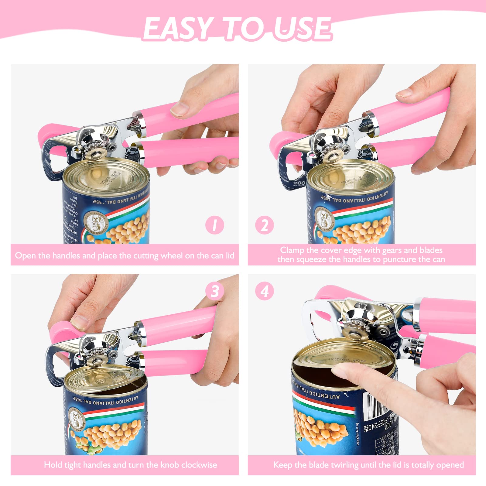 Mebotem 10 Colors Can Opener Manual Handheld Heavy Duty Hand Can Opener Smooth Edge Stainless Steel Can Openers Top Lid Kitchen Gadgets, Best Large Rated Easy Turn Knob, with Bottle Opener, Pink