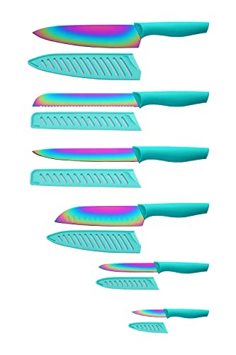 DISHWASHER SAFE Kitchen Knife Set, Marco AlmondÂŽ KYA37 12-Piece Rainbow Titanium Stainless Steel Boxed Knives Set for Kitchen with Sheath, 6 Knives with 6 Blade Guards, Teal