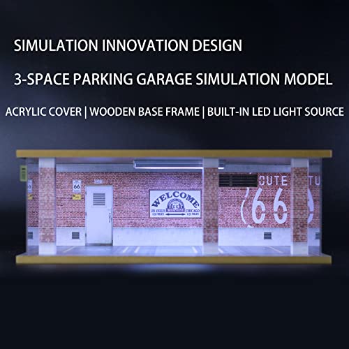 Sikivot 1/24 Scale Car Display Case,Car Model Toy with Parking Lot Scene, Die-cast Car Garage Display Case,2 Parking Space Acrylic Toy Garage with LED Light