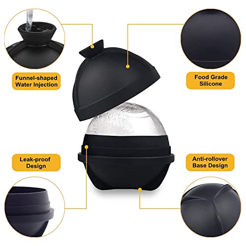 Helpcook Ice Ball Molds 4 Pack - Silicone Sphere Ice Molds with Built-in Funnel - 2.5 Inch Round Ice Cube Molds Ice Ball Maker Makes Large Ice Balls for Whiskey & Cocktails - Easy Release and BPA Free