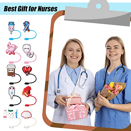 Straw Covers Silicone Kawaii Straw Cover Nurse Theme Straw Caps Reusable Drinking Dust Proof Straw Tip Covers for 6-8 mm (Cute, 10 Pcs)