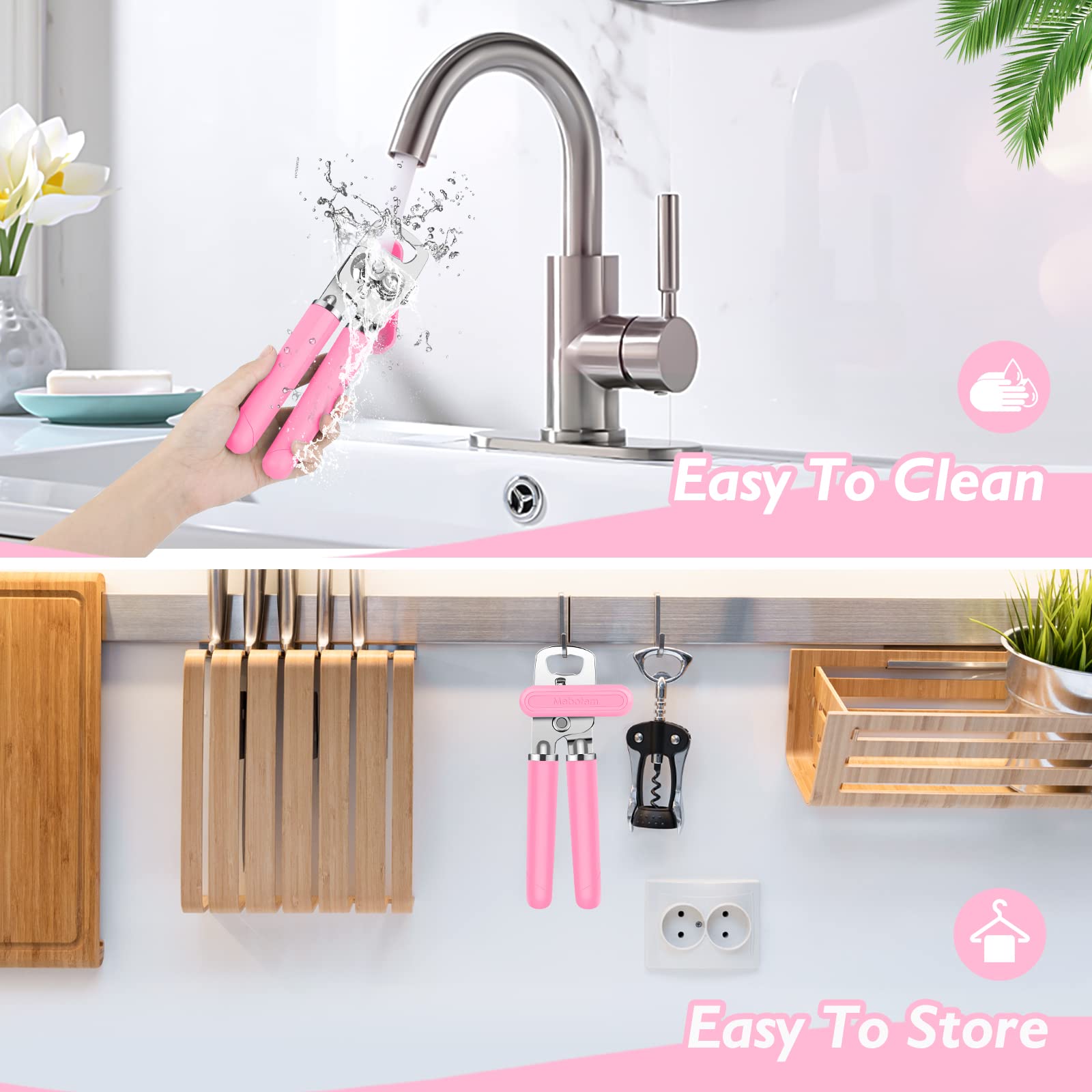 Mebotem 10 Colors Can Opener Manual Handheld Heavy Duty Hand Can Opener Smooth Edge Stainless Steel Can Openers Top Lid Kitchen Gadgets, Best Large Rated Easy Turn Knob, with Bottle Opener, Pink
