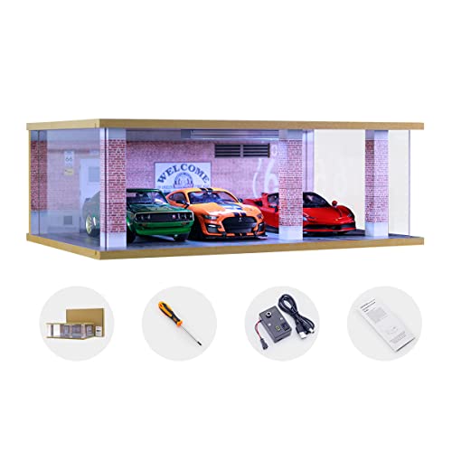 Sikivot 1/24 Scale Car Display Case,Car Model Toy with Parking Lot Scene, Die-cast Car Garage Display Case,2 Parking Space Acrylic Toy Garage with LED Light