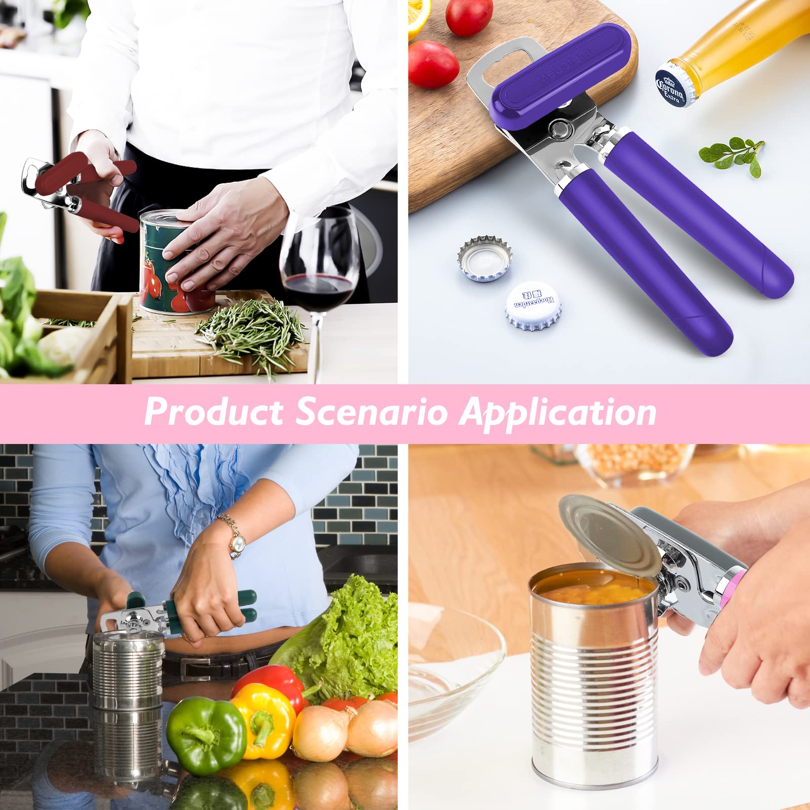 Mebotem 10 Colors Can Opener Manual Handheld Heavy Duty Hand Can Opener Smooth Edge Stainless Steel Can Openers Top Lid Kitchen Gadgets, Best Large Rated Easy Turn Knob, with Bottle Opener, Pink