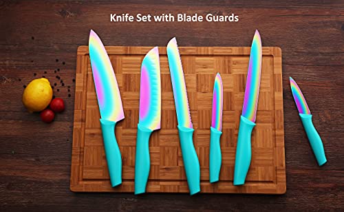 DISHWASHER SAFE Kitchen Knife Set, Marco Almond® KYA37 12-Piece Rainbow Titanium Stainless Steel Boxed Knives Set for Kitchen with Sheath, 6 Knives with 6 Blade Guards, Teal