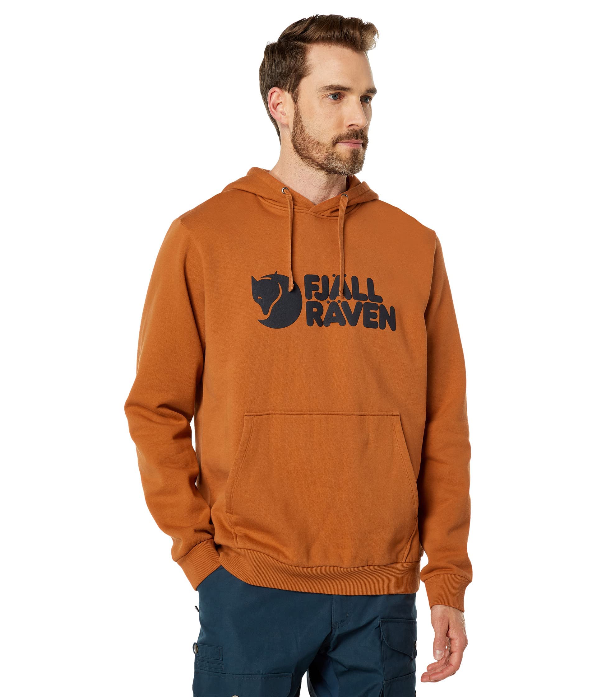 Fjällräven Logo Hoodie for Men Offers a Regular Fit with Long Sleeves, Attached Hood, and Kangaroo Pocket in a Pullover Style Terracotta Brown MD One Size