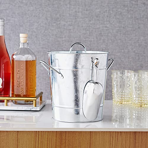 Twine Ice Bucket With Lid And Ice Scoop, Galvanized Metal Drink Tub, Wine And Beer Chiller, Holds 5.35 Gallons
