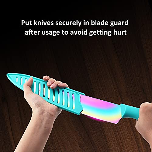 DISHWASHER SAFE Kitchen Knife Set, Marco Almond® KYA37 12-Piece Rainbow Titanium Stainless Steel Boxed Knives Set for Kitchen with Sheath, 6 Knives with 6 Blade Guards, Teal
