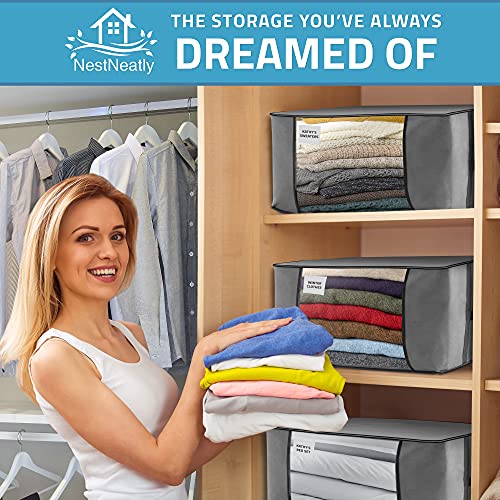 NestNeatly Large Capacity Clothes Storage Bag Organizer with Reinforced Handle for Comforters, Blankets, Bedding, Foldable with Sturdy Zipper, Clear Window, 3 Pack, Gray