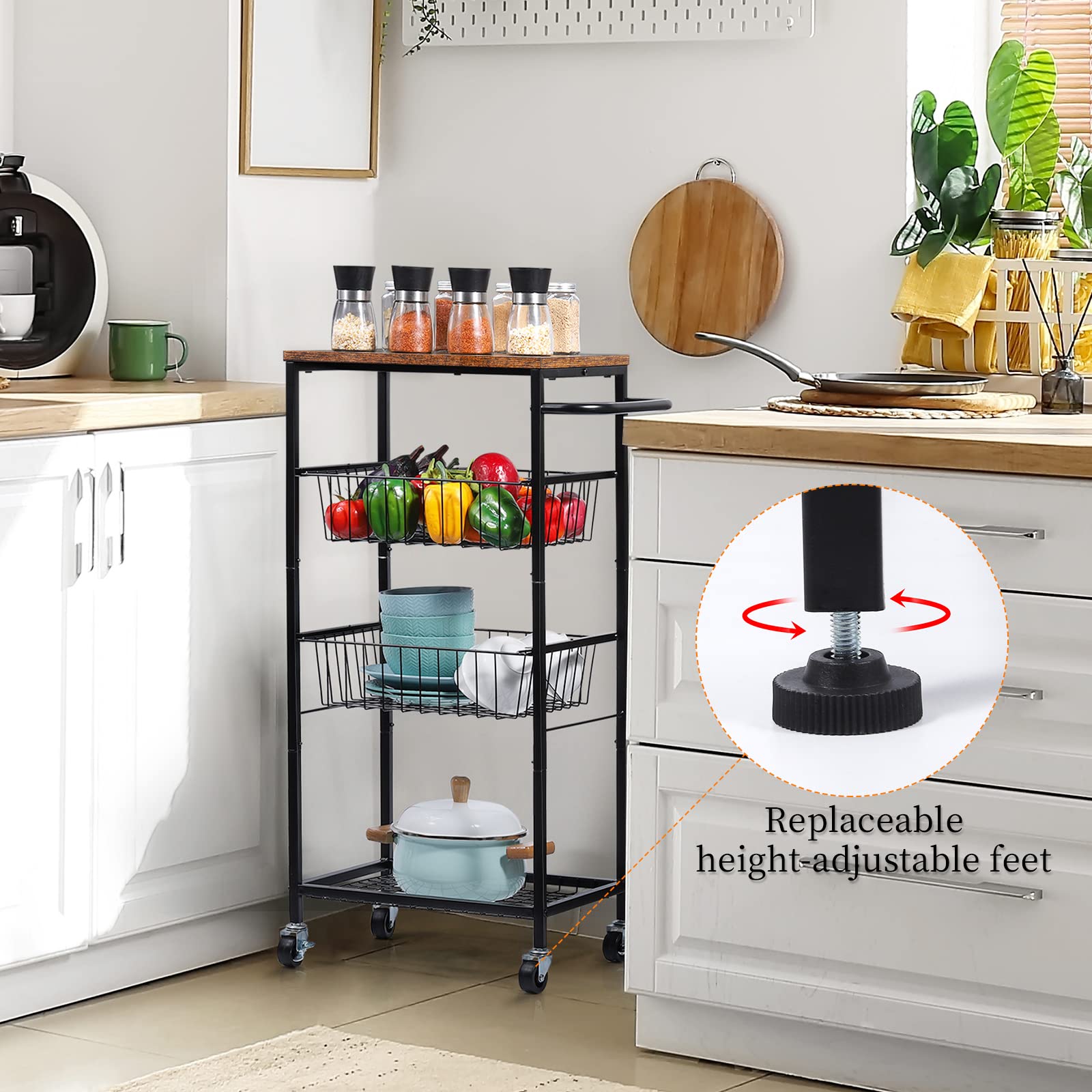 Kitchen Storage Cart on Wheels 4 Tier Rolling Storage Cart with Mesh Wire Basket and Handle Utility Storage Trolley Serving Cart with Wooden Tabletop for Small Space Dining Room Bathroom Rutic Brown