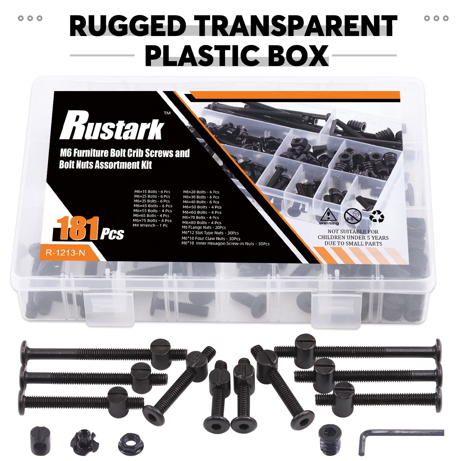 Rustark 181Pcs M6 x 15-80mm Black Crib Screws Hardware Replacement Kit Zinc Plated Hex Socket Head Cap Bolts Thread Nutsert Barrel Nuts T-Nuts and Flange Nuts Assortment Kit for Crib Beds Furniture