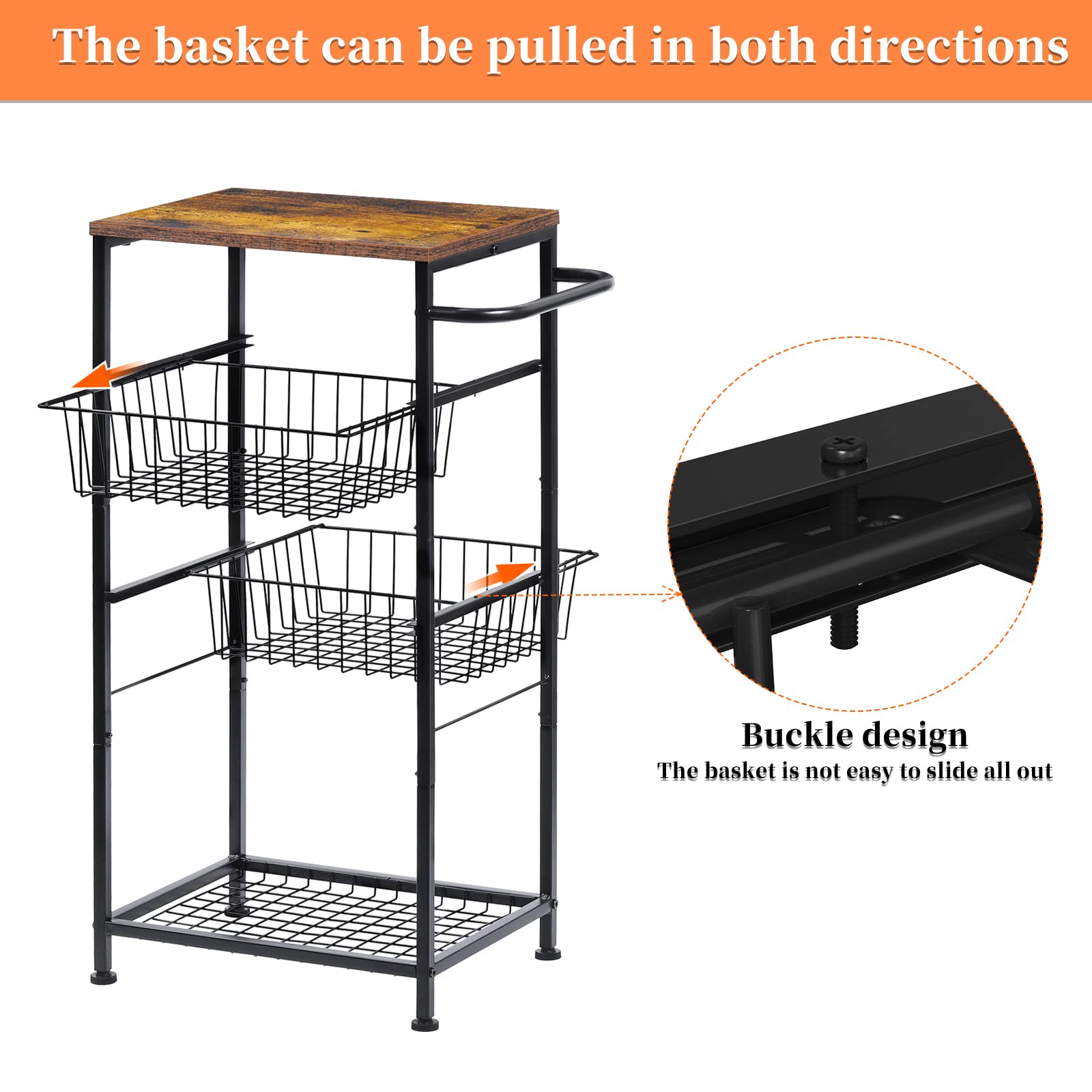 Kitchen Storage Cart on Wheels 4 Tier Rolling Storage Cart with Mesh Wire Basket and Handle Utility Storage Trolley Serving Cart with Wooden Tabletop for Small Space Dining Room Bathroom Rutic Brown